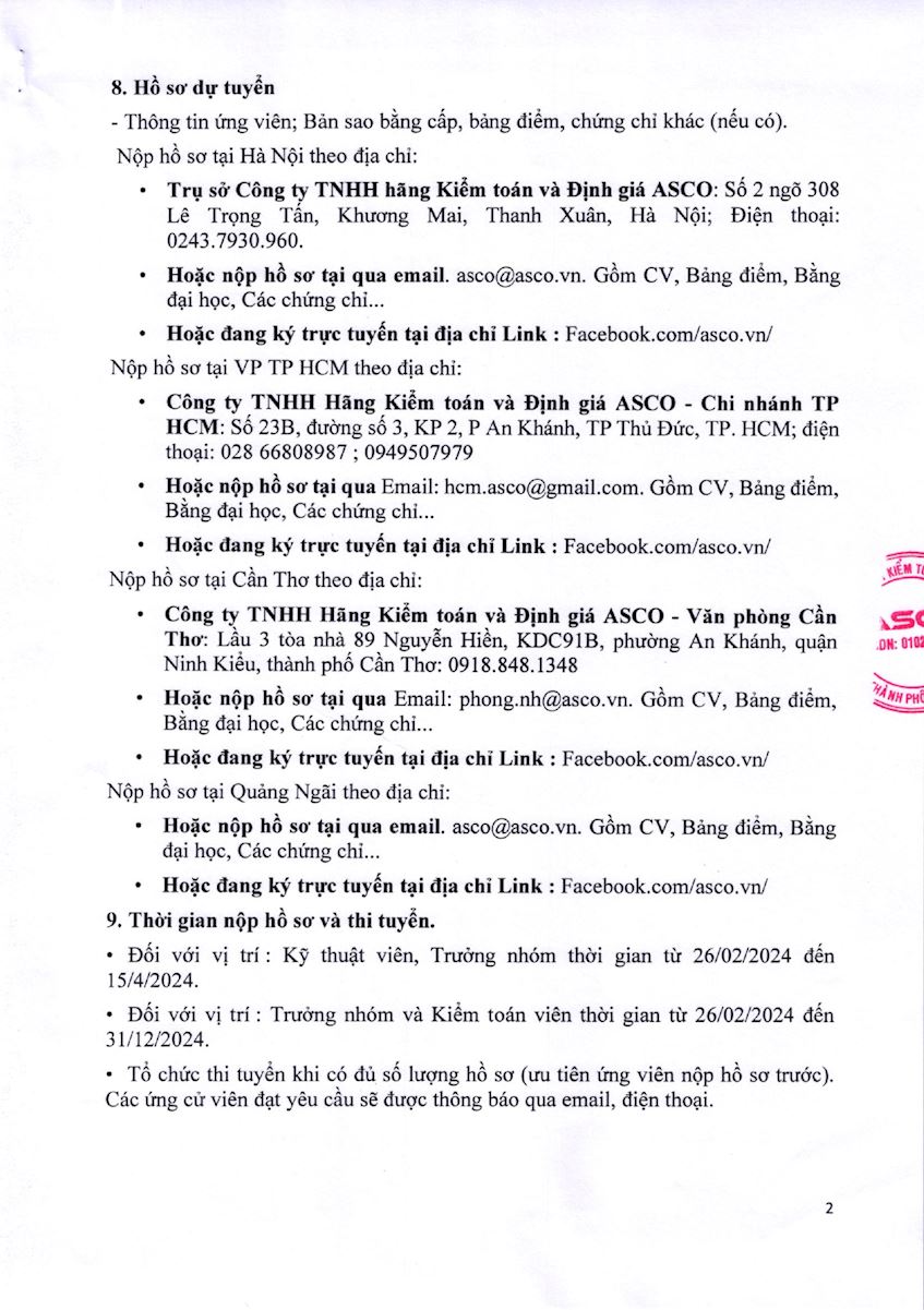 CÔNG TY TNHH HÃNG KIỂM TOÁN VÀ ĐỊNH GIÁ ASCO - TUYỂN DỤNG